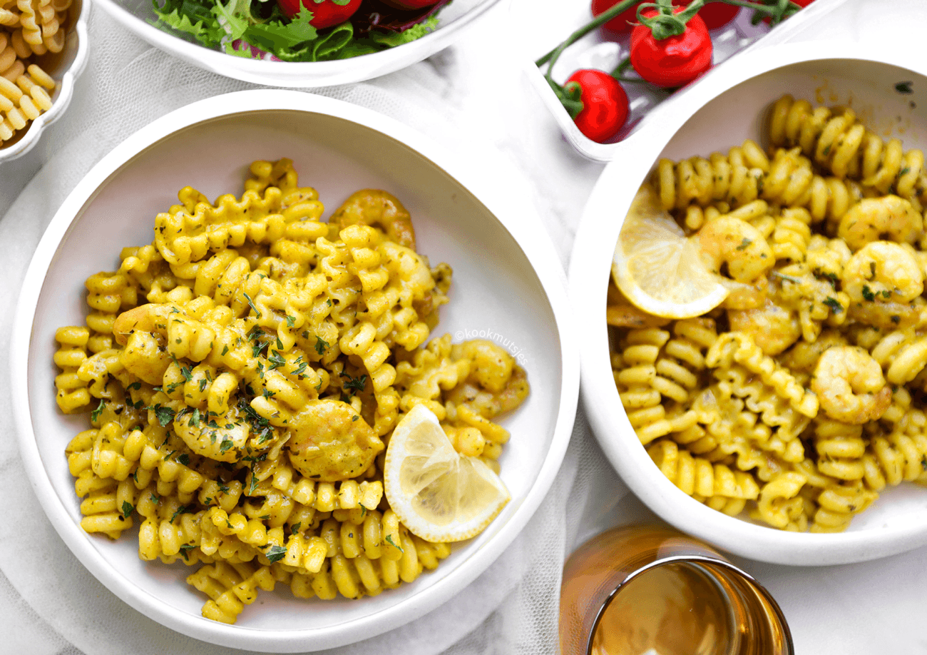 Riccioli met garnalen in currysaus | Kookmutsjes
